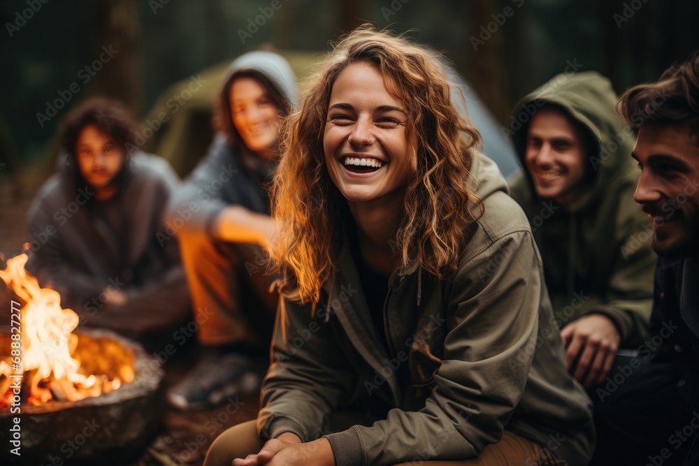 Foto de A woman's warm smile glows in the flickering flames of the ...
