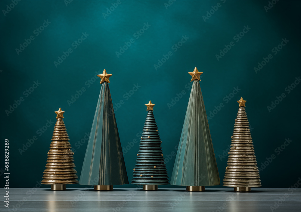 five christmas trees in a line on turquoise background Stock ...