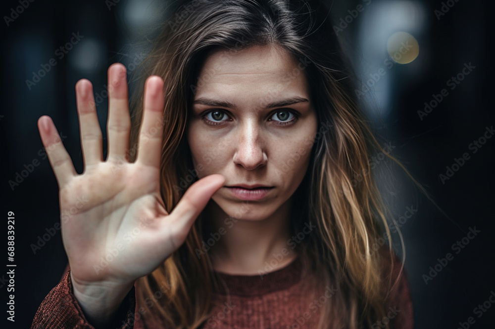 In daylight, a woman raises her hand in protest, advocating to end ...