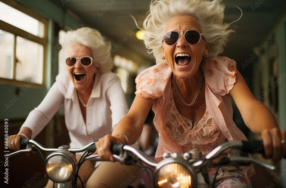 Two women with beaming smiles ride their motorbike through the open ...