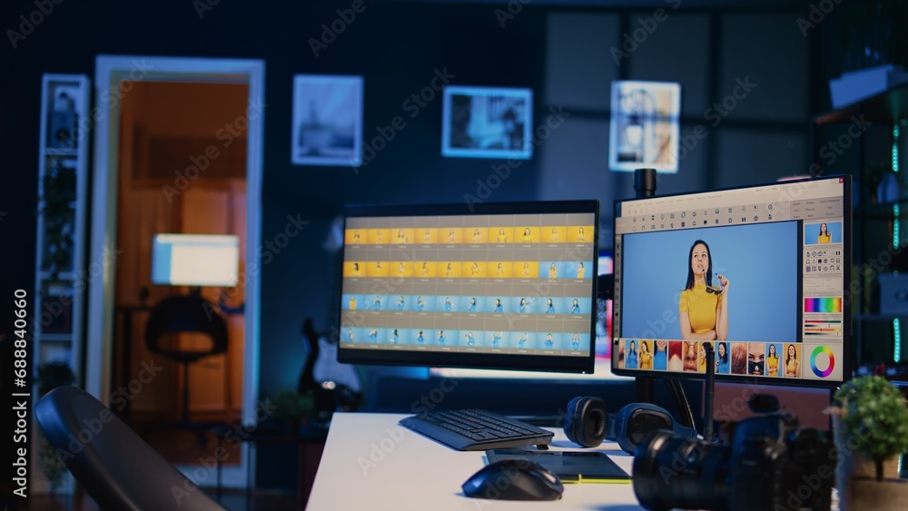 Creative office desk with multi monitor computer setup used for image ...