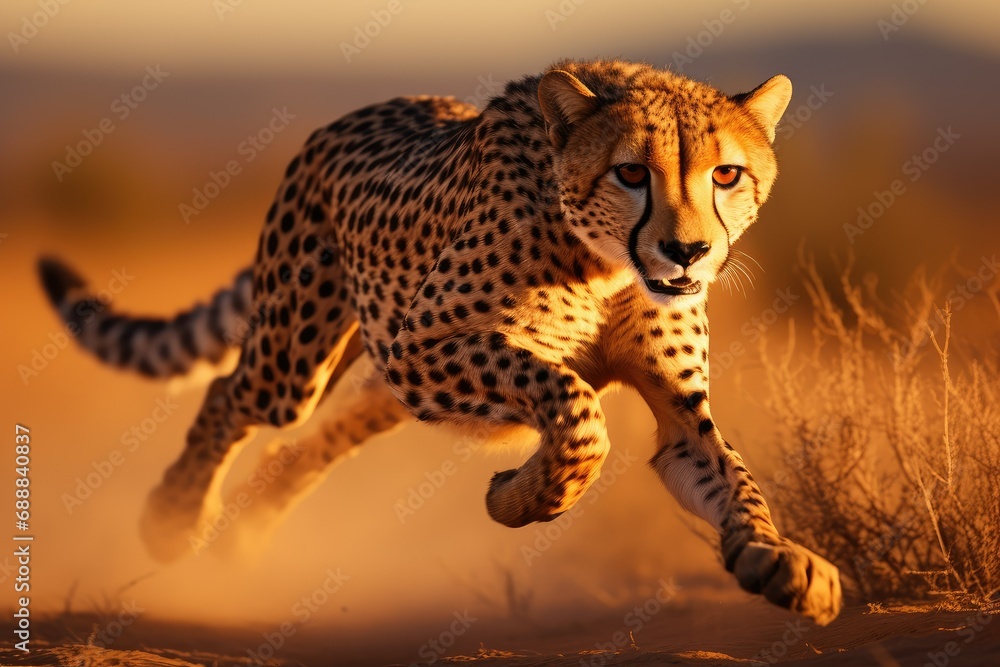 Cheetah running towards camera in sunset light, Kalahari desert ...