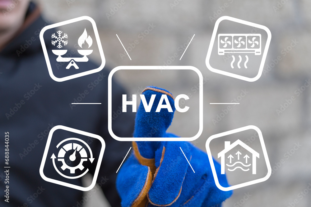 Worker using virtual touchscreen presses text: HVAC. Concept of HVAC ...