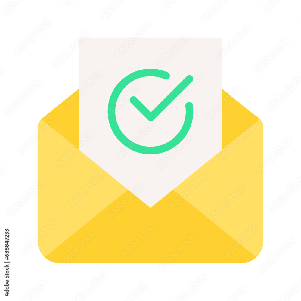 Envelope with document and round green check mark icon. email delivery ...