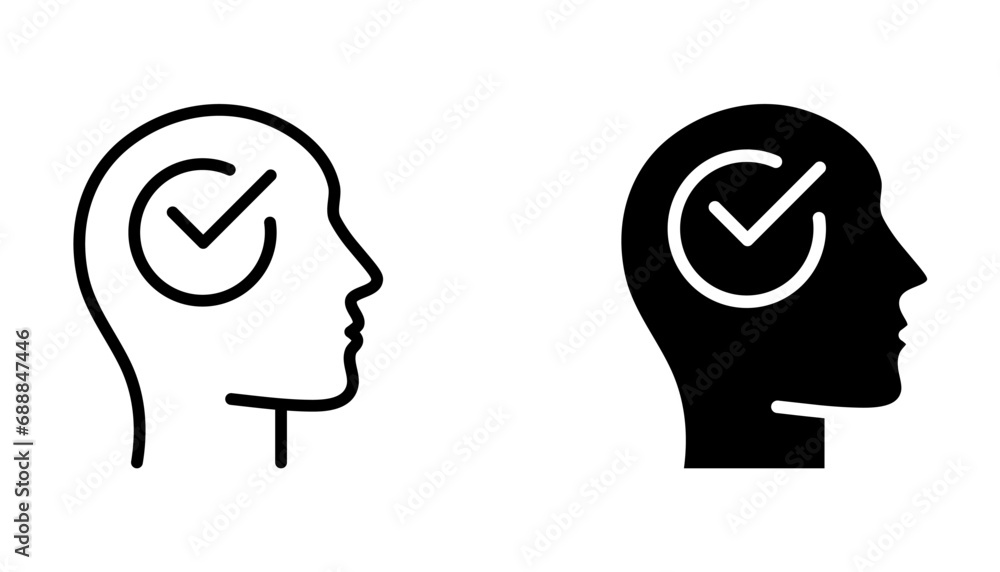 Human head silhouette and green checkmark icon. vector illustration on ...