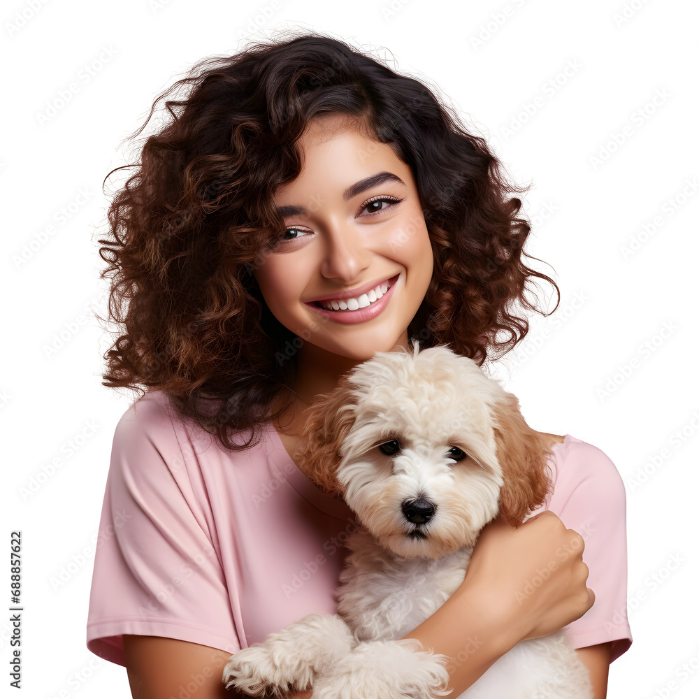 Happy young woman with hugging cute puppy, smiling as pet owner holding ...