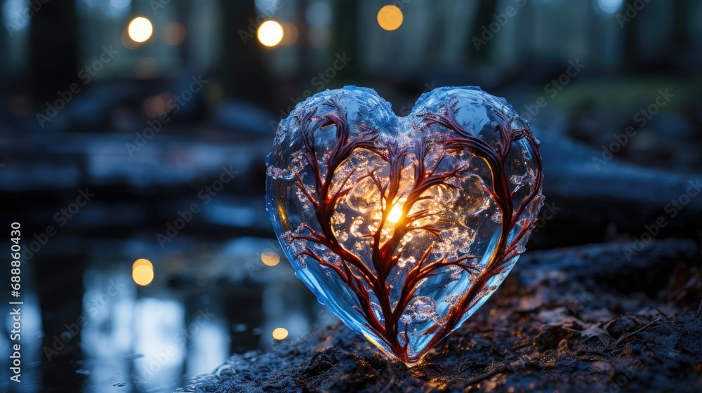 Romantic background with heart. Ice heart glows in the dark realistic ...