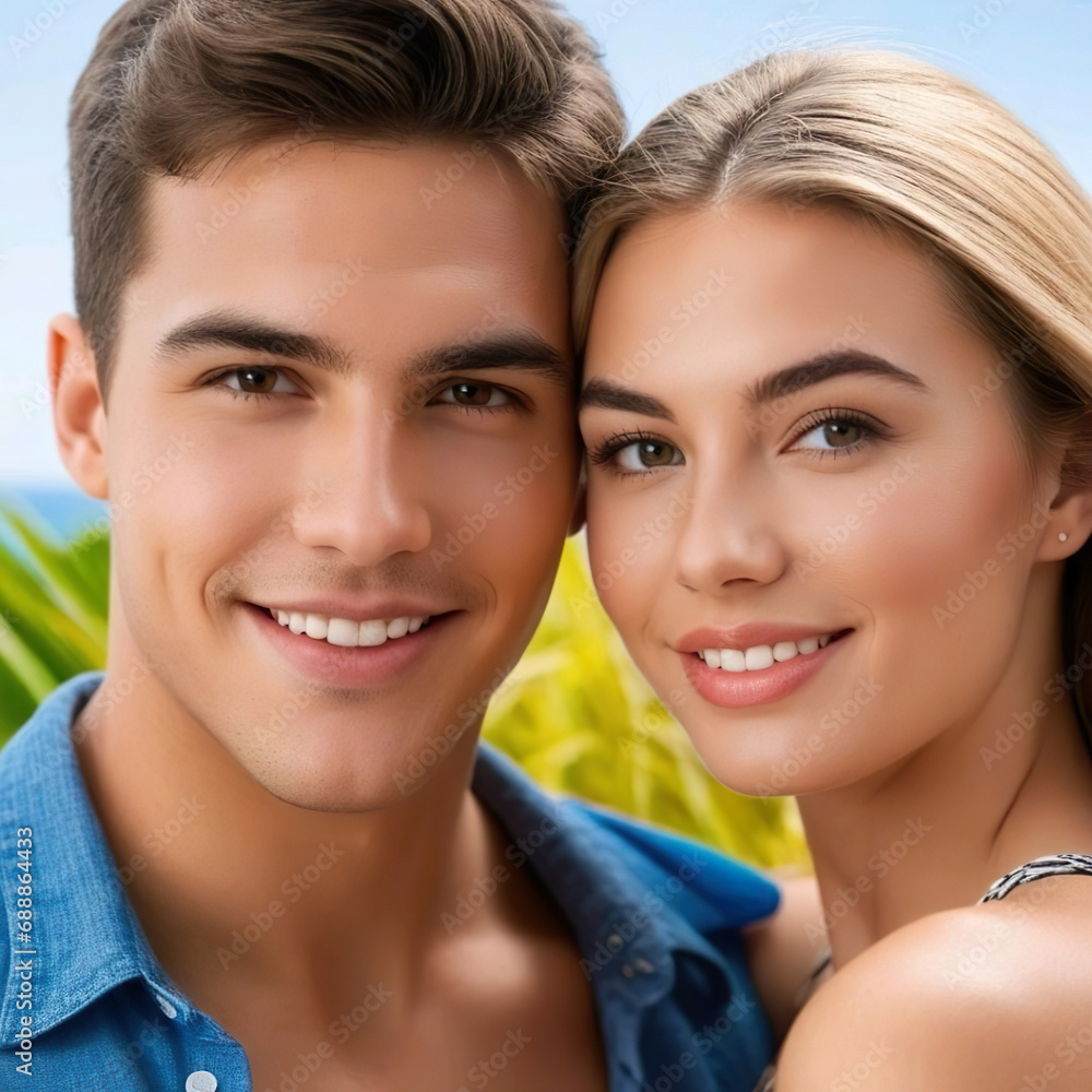 Chico y chica juntos sonriendo Stock Photo | Adobe Stock