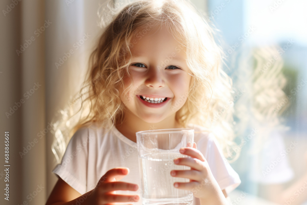 Pretty little child drinking fresh water on sunny summer day at home ...