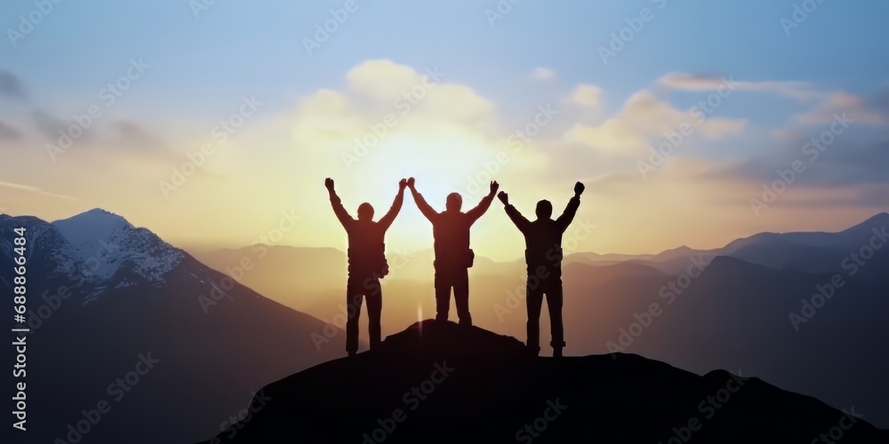 Celebrate victory and success over sunset background, Together ...