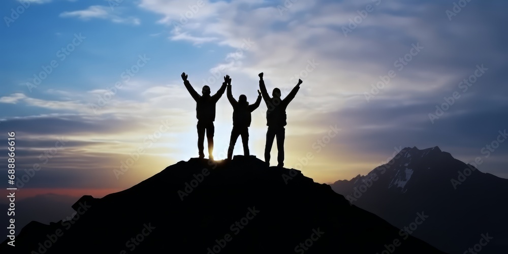 Celebrate victory and success over sunset background, Together ...