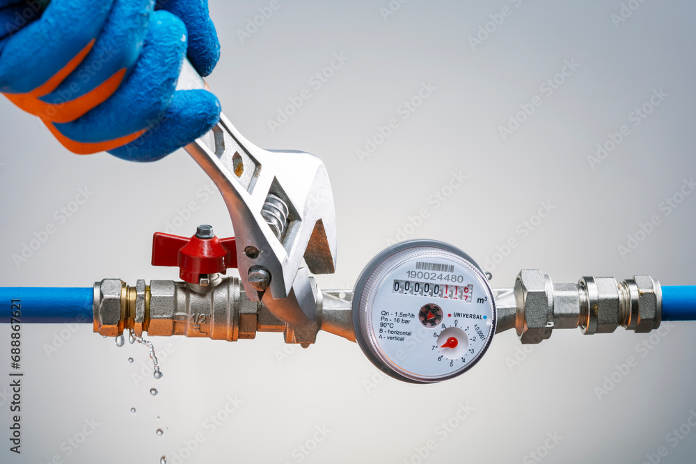 Professional plumber with an adjustable wrench hold in hand repairing ...