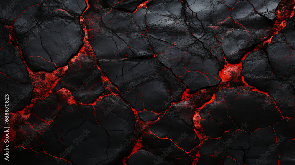 black background, volcanic cracked rock marbled pattern, red crack ...