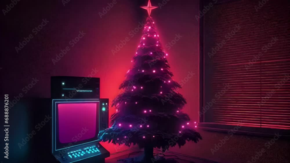 Retro 1980s Vaporwave Christmas Tree Living Room with Vintage TV and ...