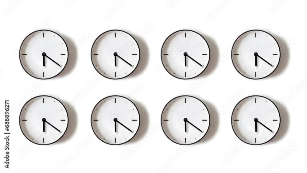 Wall of analog clocks spinning animation through the hours, AI ...