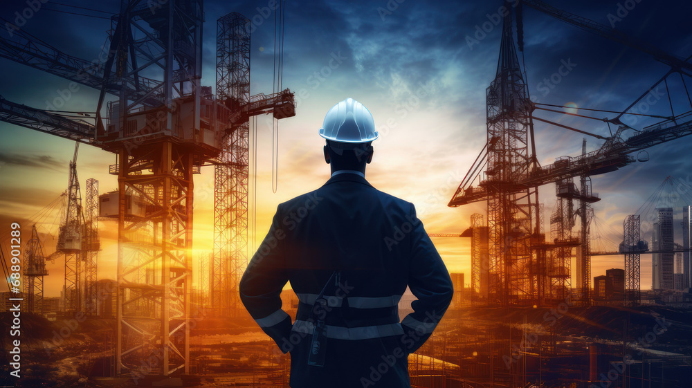 engineer posing with arms crossed and the tower and Crane on sunset and ...