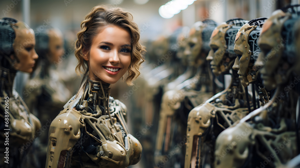 Enigmatic allure of a female robot: Beautiful woman robot in a factory ...