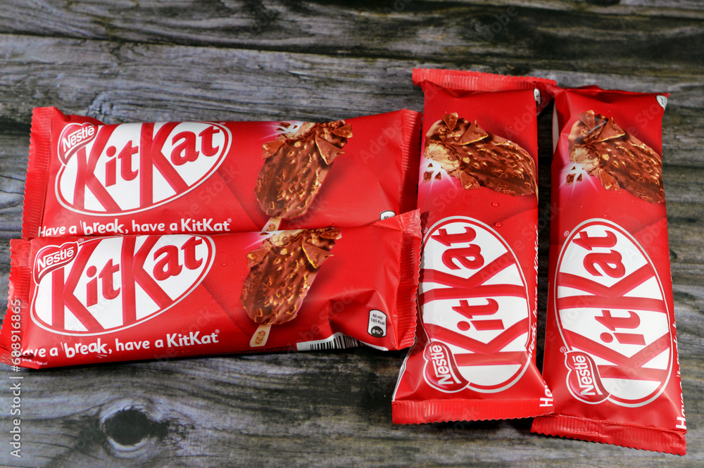 Cairo, Egypt, December 3 2023: KitKat stick ice cream vegetable fat ...