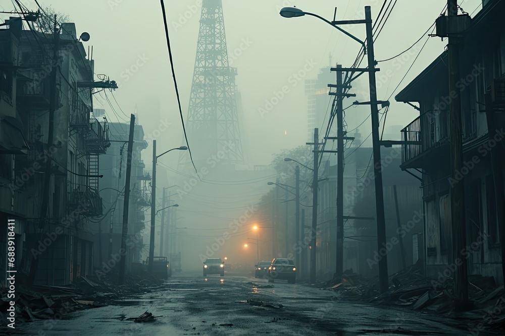 deserted city street shrouded in mist, with towering buildings fading ...