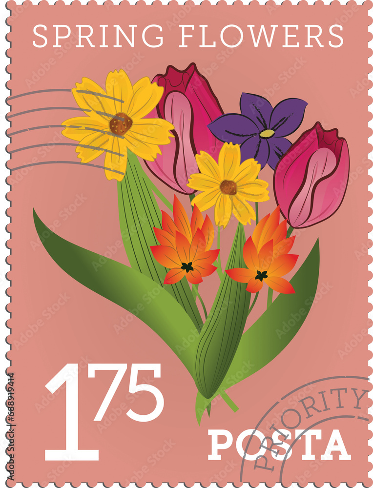 Digital png illustration of postage stamp with colourful flowers on ...