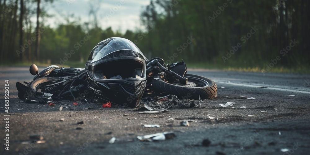 Motorcycle crash scene with helmet and parts on the road Stock Photo ...