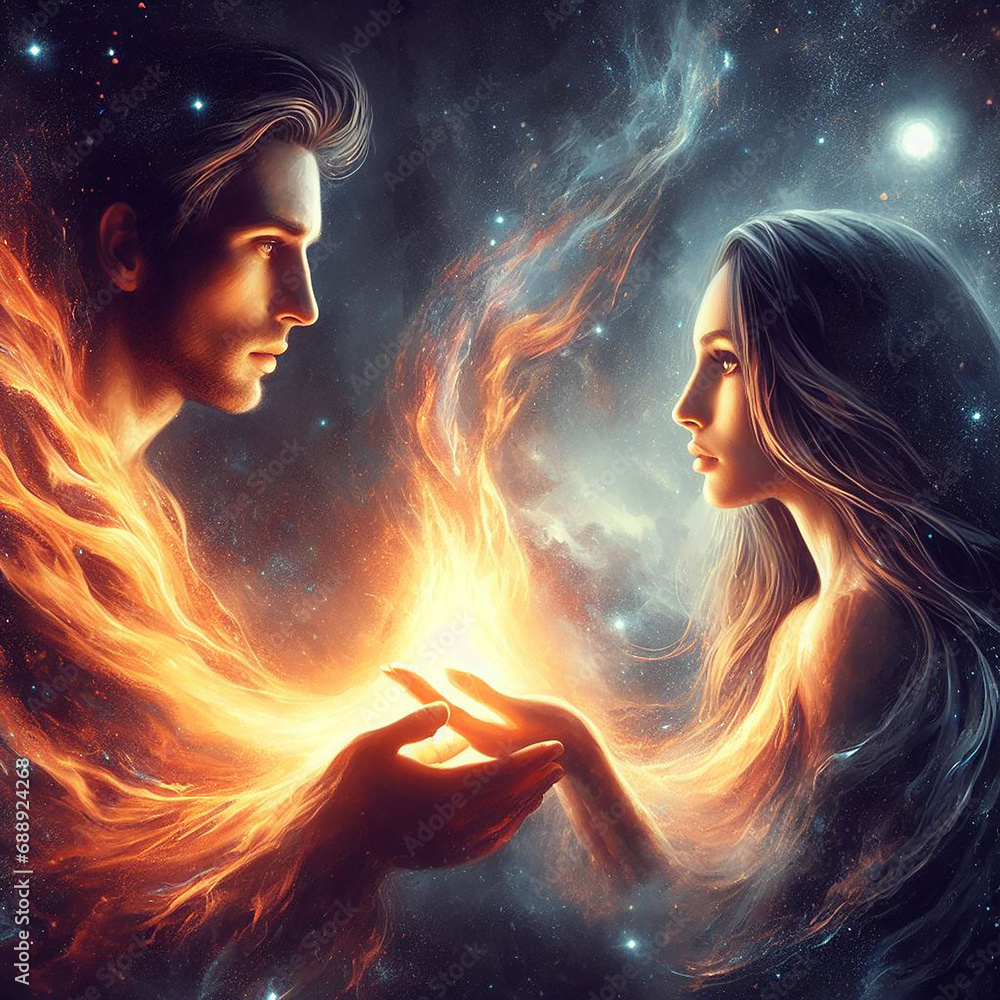 Twin flame couple. Soulmates. The concept of magical, esoteric, tantric ...
