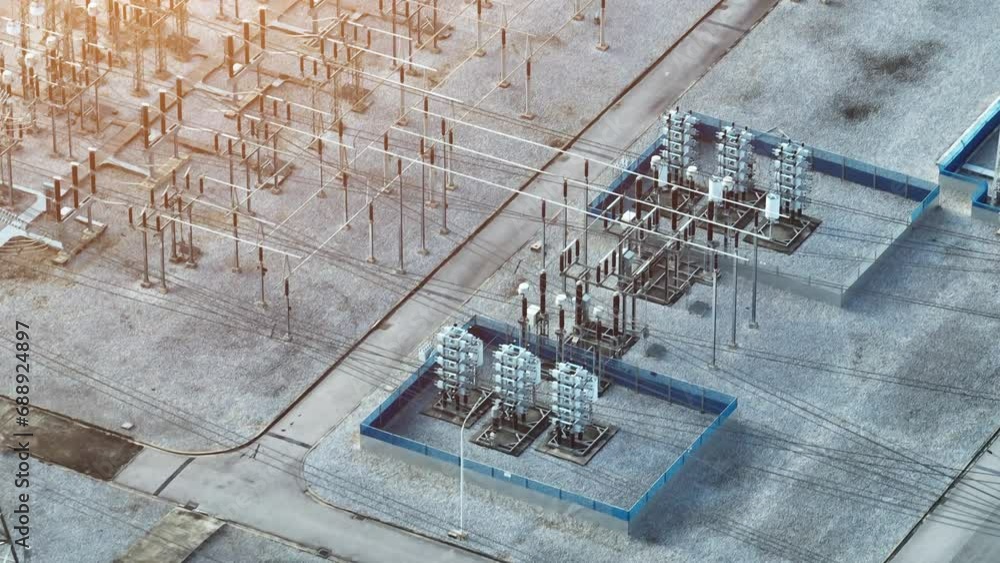 From high above, the electrical substation emerges, an imposing ...