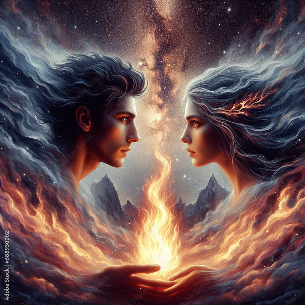 Twin flame couple. Soulmates. The concept of magical, esoteric, tantric ...