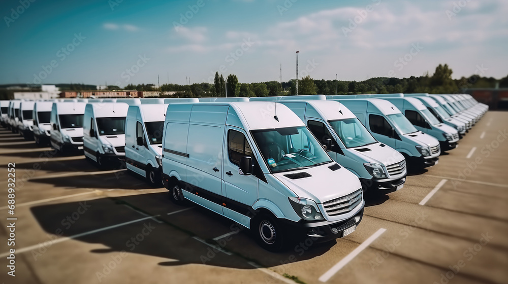 Row of white cargo vans ready for dispatch at warehouse. Stock Photo ...