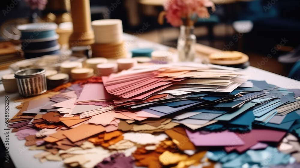 An eclectic and messy assortment of fabric swatches, Paint chips and ...