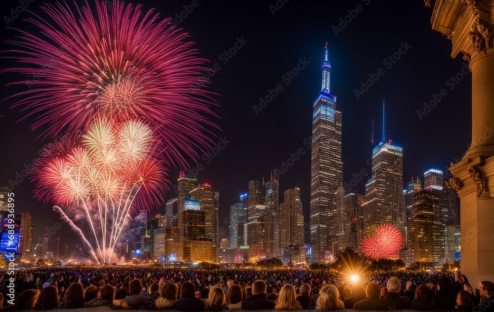 Dynamic New Year's Eve: Vibrant City Celebration, Fireworks Illuminate ...