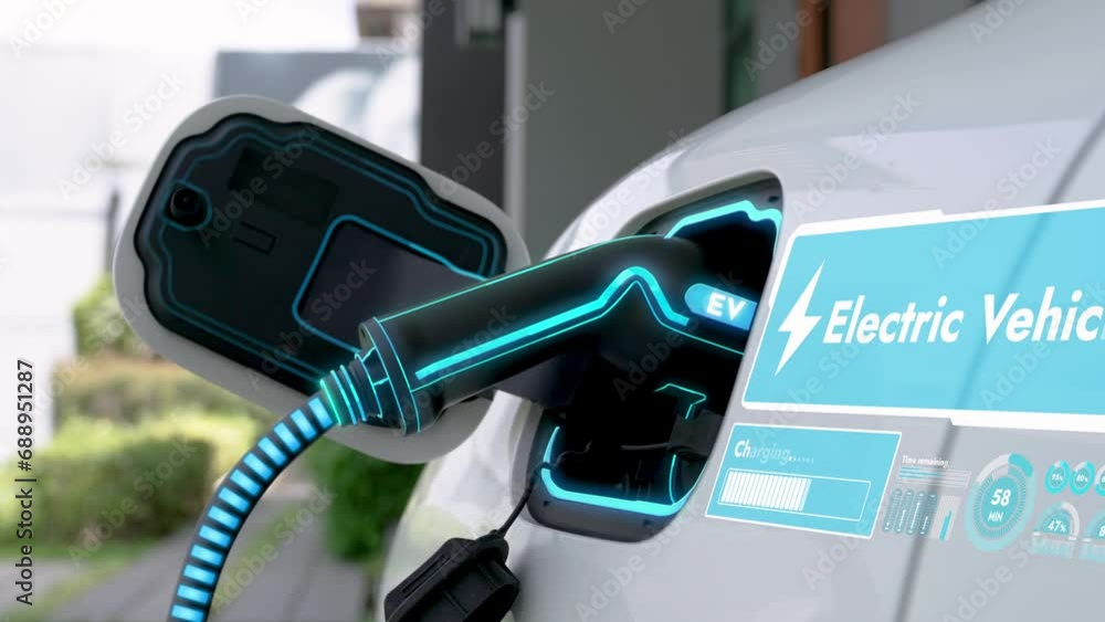 Electric car recharging in futuristic home charging station with smart ...