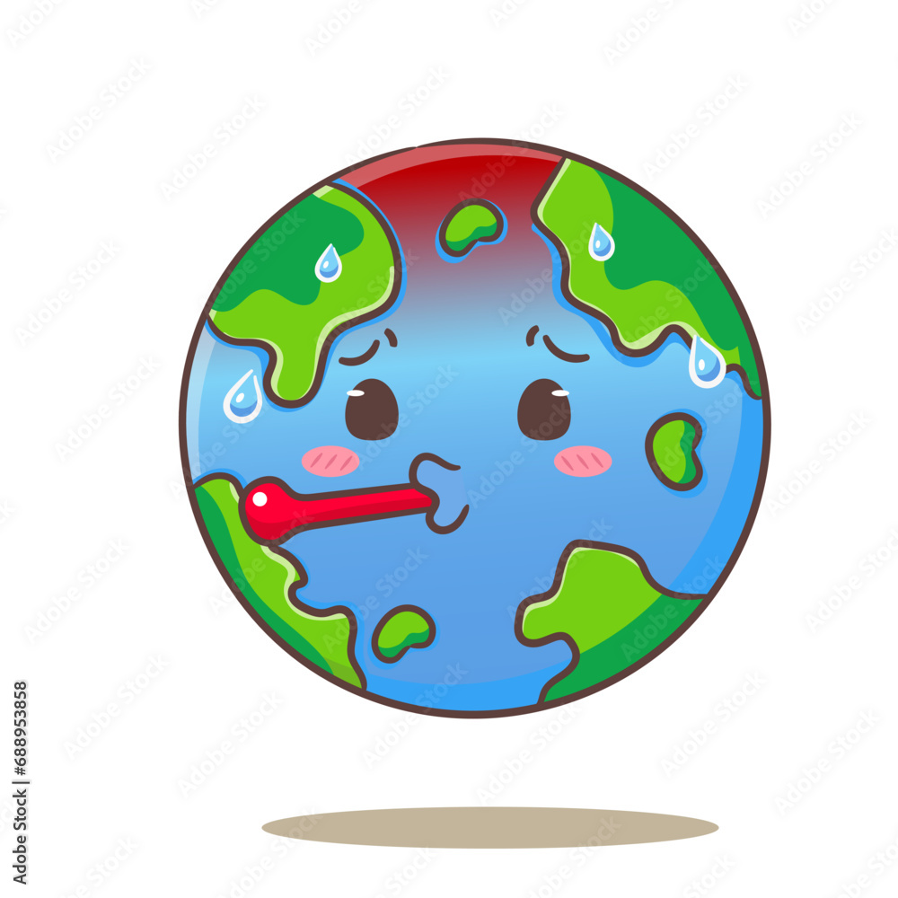 Cute earth cartoon with thermometer having fever. Global warming and climate change concept ...