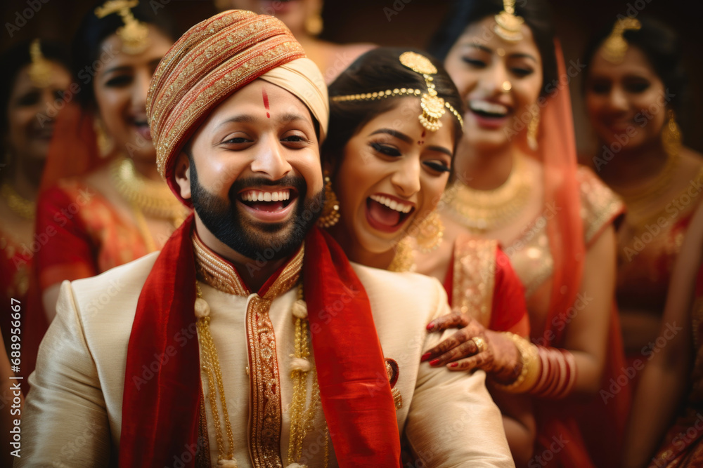 Happy Indian ethnic Bride and Groom wearing traditional costumes and ...