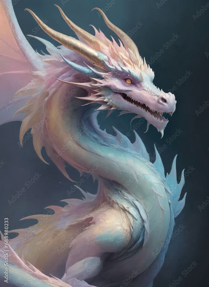 Fantasy illustration of ancient dragon creature in pastel colors ...