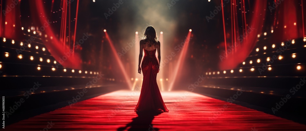 Elegant woman in red dress walking on stage with spotlight. Performance ...