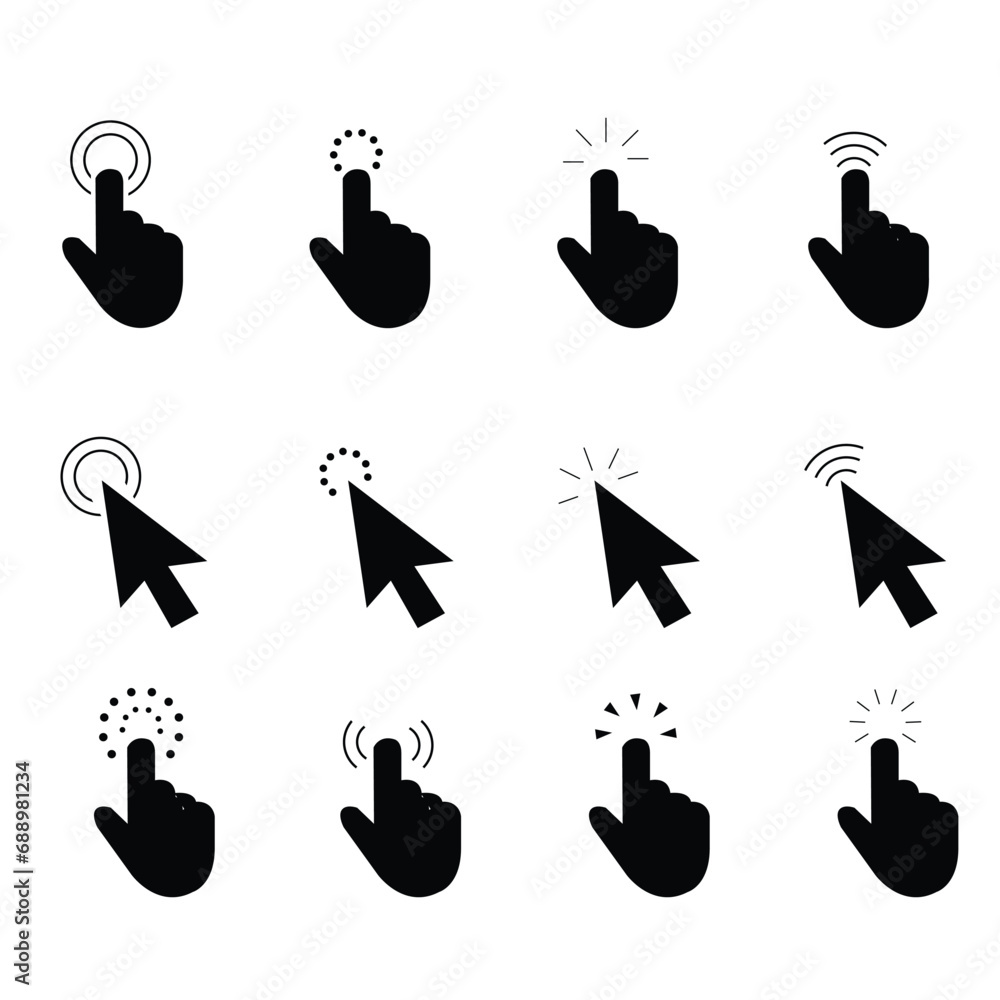 Pointer Click Icon Set Hand Cursor Click Arrow Pointer Computer Mouse Cursor Clicking Finger