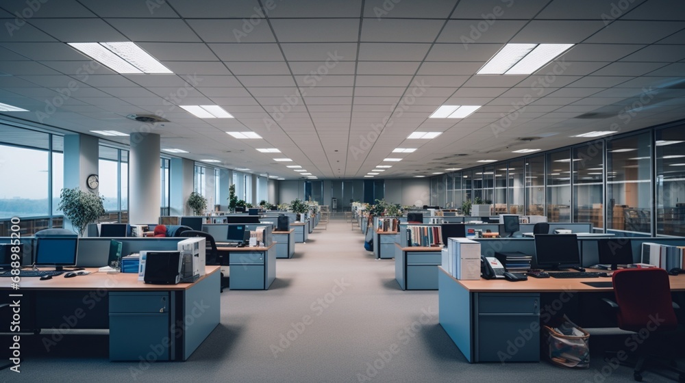 A gently blurred image of an empty open space office, highlighting the ...