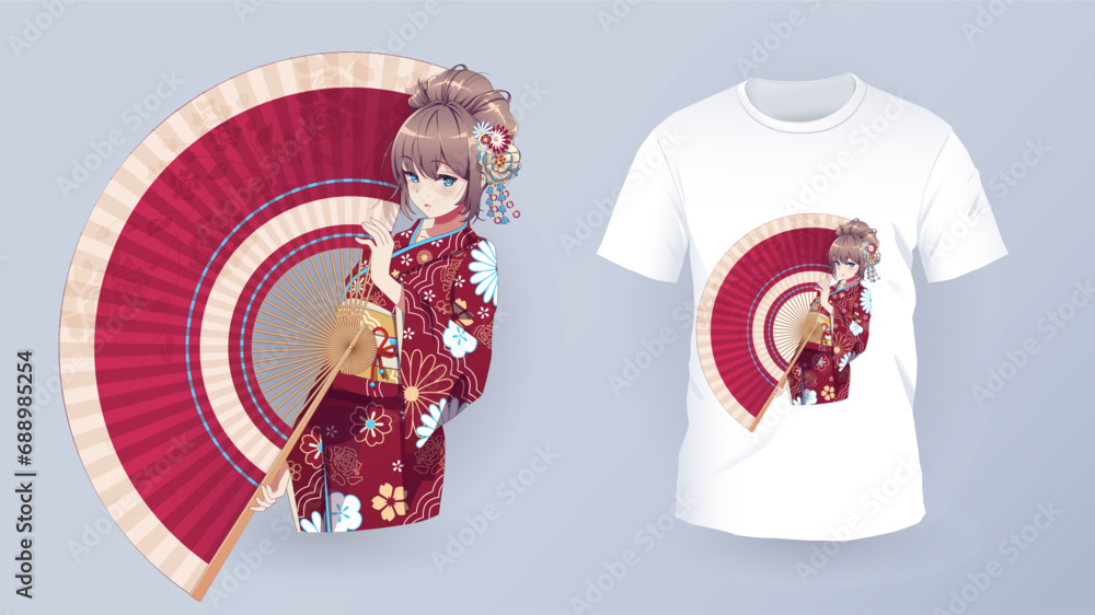 Anime Manga girl in traditional kimono. Identity branding mockup set ...