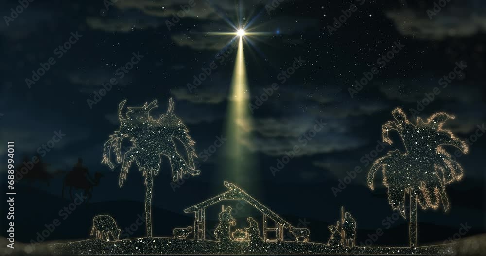 Bright Christmas scene animation with twinkling stars and nativity ...