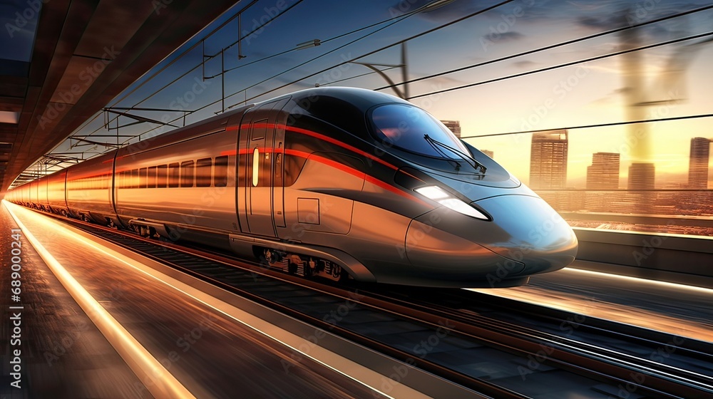 The high-speed train speeds along the railway, showcasing sleek modern design. Rapid transit ...