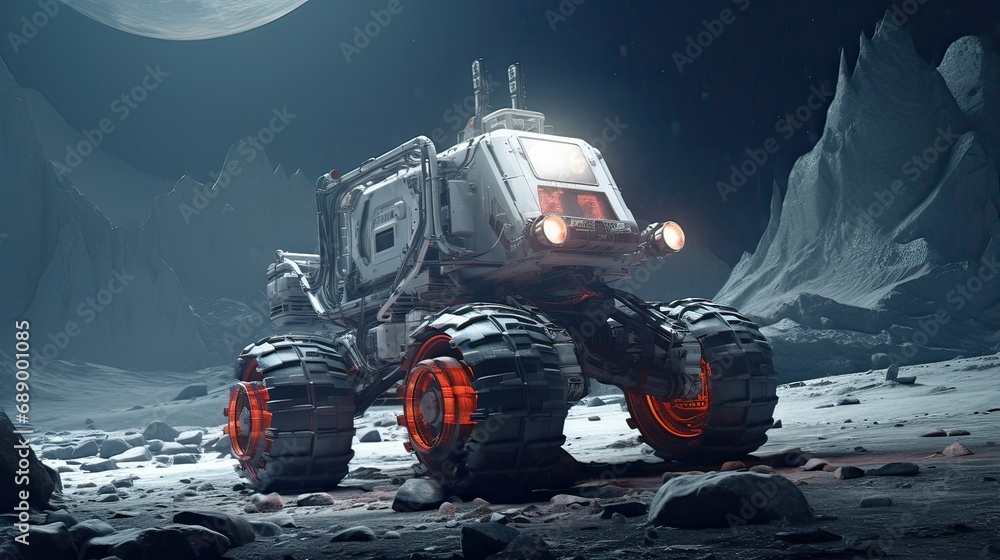 An enchanting portrayal of a lunar rover navigating the barren and fascinating lunar terrain ...
