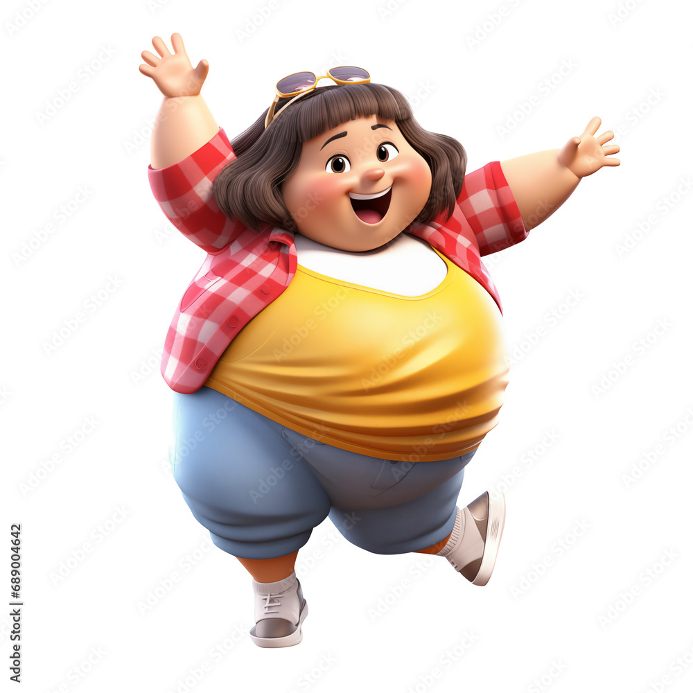 3D cartoon character cute fat woman dancing happy celebrating have fun ...