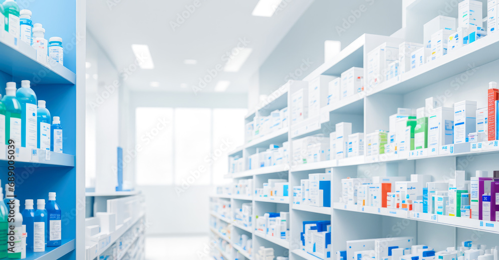 Pharmacy Background. Pharmacy blurred light tone with store drugs ...