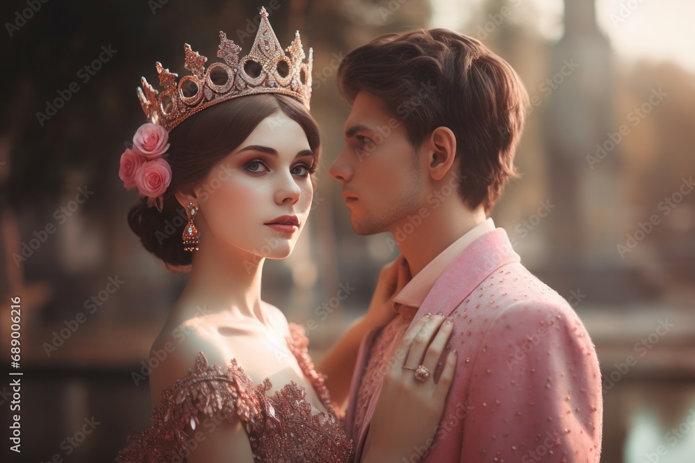 Young royal couple embrace. Fairytale princess with crown next to her ...