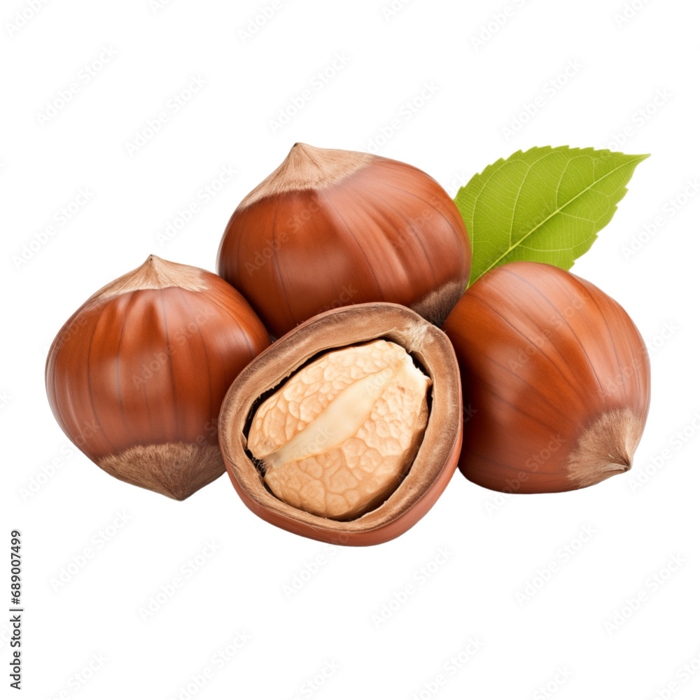 fresh organic hazelnut fruit cut in half sliced with leaves isolated on ...