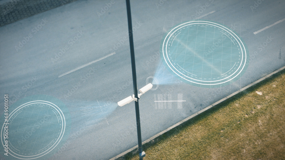 Futuristic street camera monitors the street and scans the surroundings ...