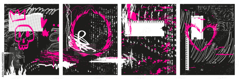 Set of grunge abstract art prints. Collage posters with pencil hatch ...