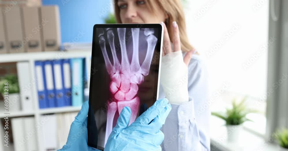 Doctor holds tablet with X-ray of the hand of patient with pain in ...