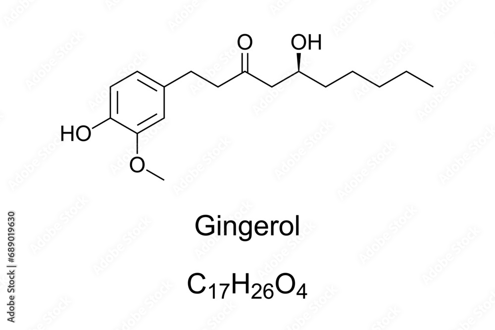 Gingerol, chemical formula and structure. Phenolic phytochemical ...